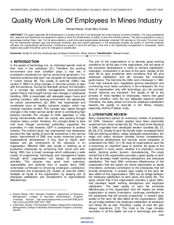 (PDF) Quality Work Life Of Employees In Mines Industry