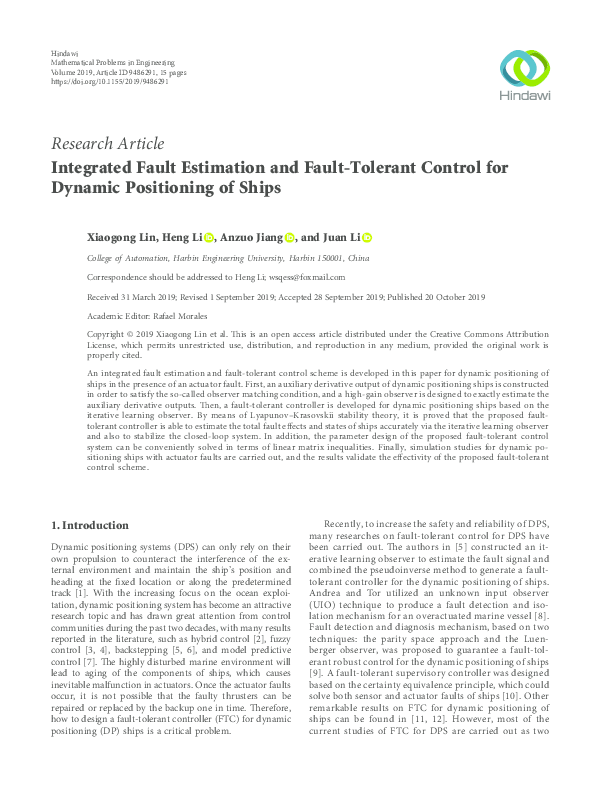 Pdf Integrated Fault Estimation And Fault Tolerant Control For Dynamic Positioning Of Ships