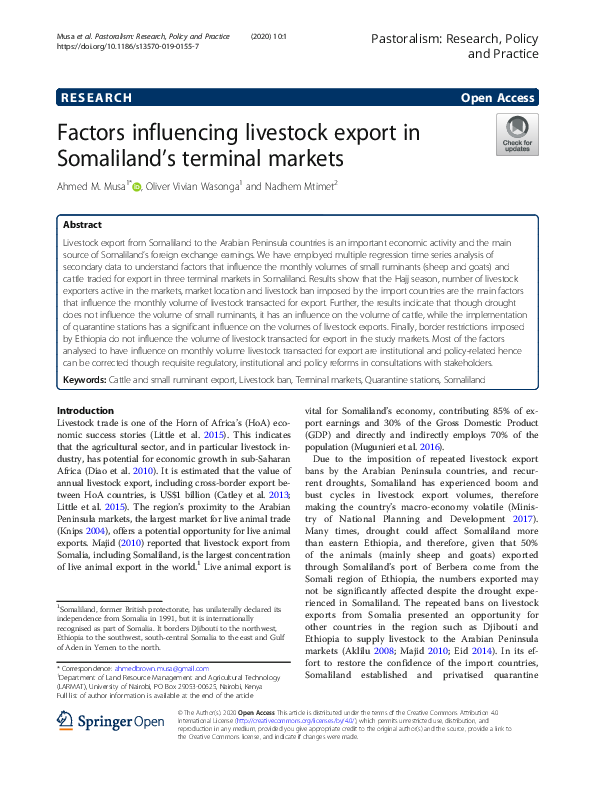 (PDF) Factors influencing livestock export in Somaliland's terminal markets