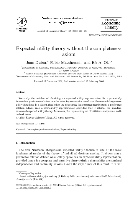 (PDF) Expected utility theory without the completeness axiom