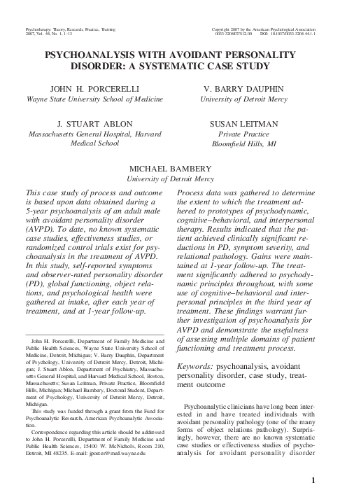 (PDF) Psychoanalysis of Avoidant Personality Disorder: a Systematic ...