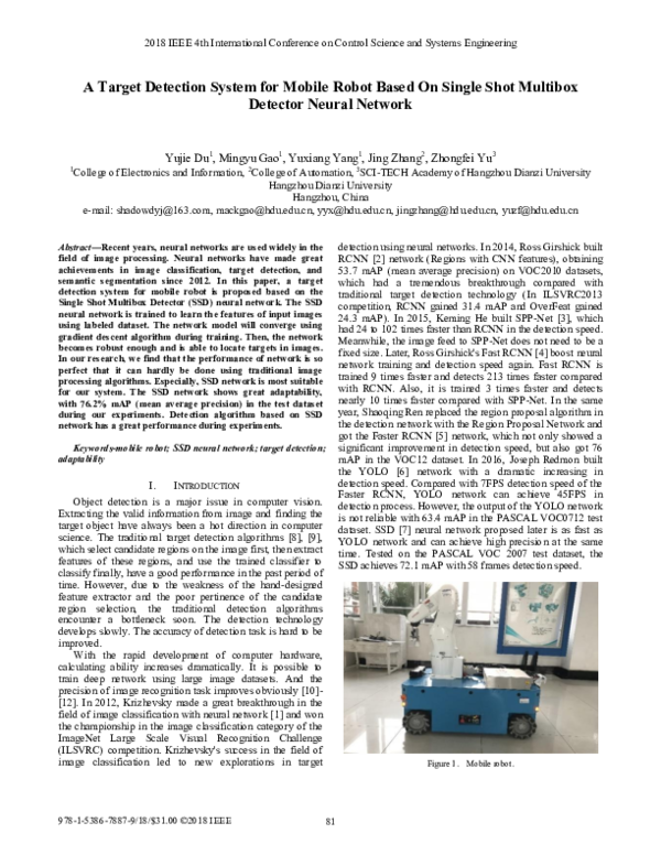 Pdf A Target Detection System For Mobile Robot Based On Single Shot Multibox Detector Neural