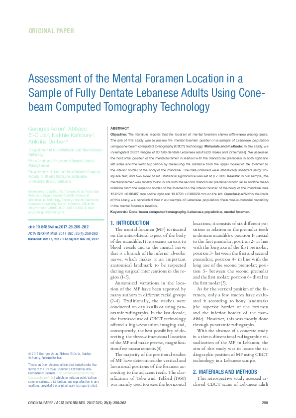 Pdf Assessment Of The Mental Foramen Location In A Sample Of Fully Dentate Lebanese Adults