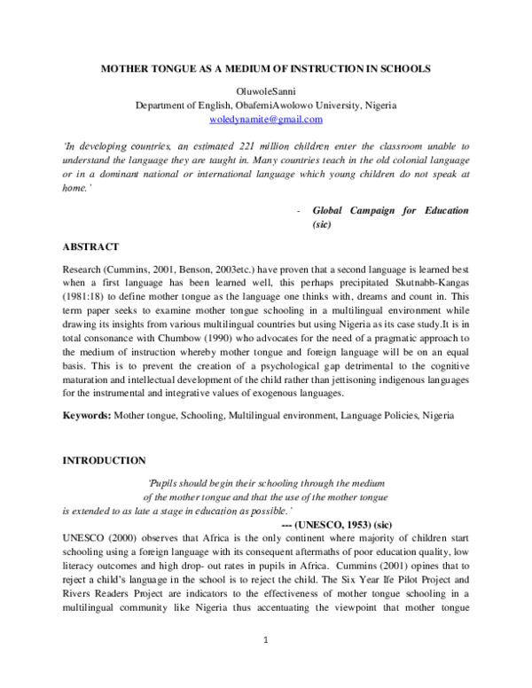 (DOC) MOTHER TONGUE AS A MEANS OF INSTRUCTION IN SCHOOLS