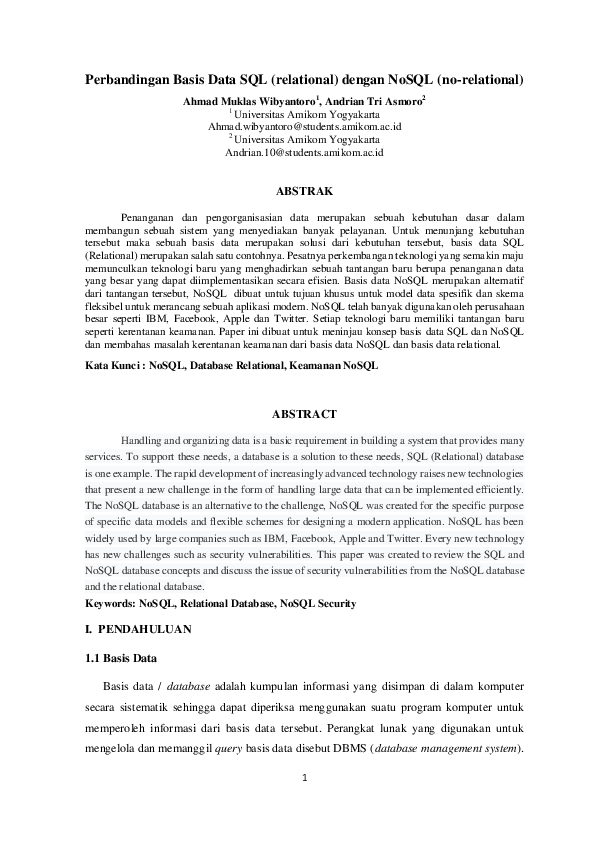 (PDF) Perbandingan Basis Data SQL (relational) dengan NoSQL (no-relational)