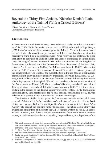 (PDF) Beyond the Thirty-Five Articles: Nicholas Donin's Latin Anthology ...