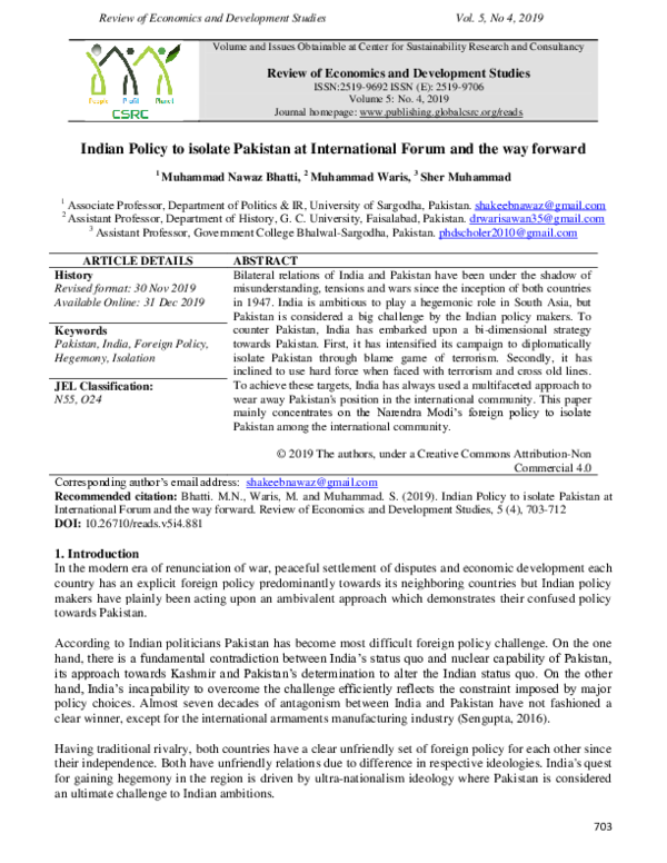(PDF) Indian Policy to isolate Pakistan at International Forum and the ...