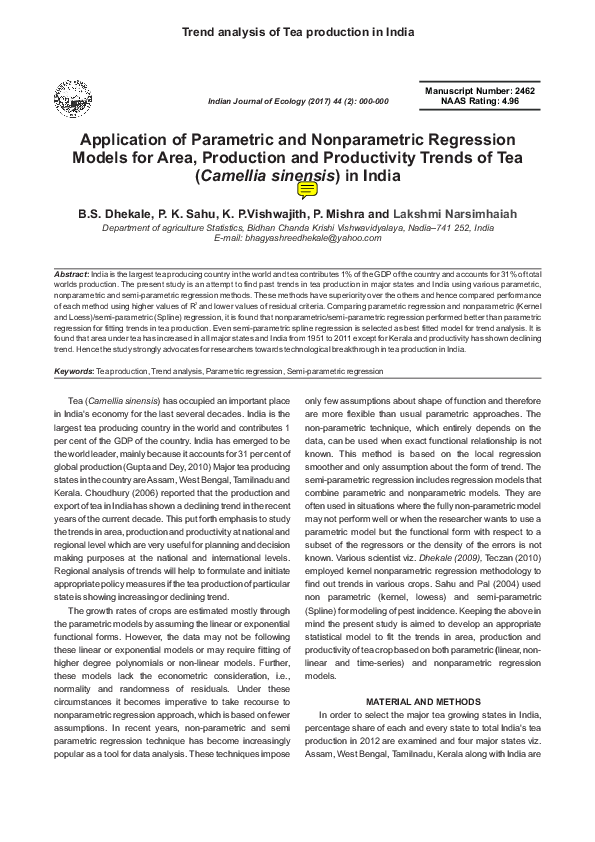 Pdf Application Of Parametric And Nonparametric Regression Models For Area Production And