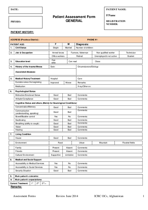 (PDF) Patient Assessment Form GENERAL PATIENT HISTORY: Remarks