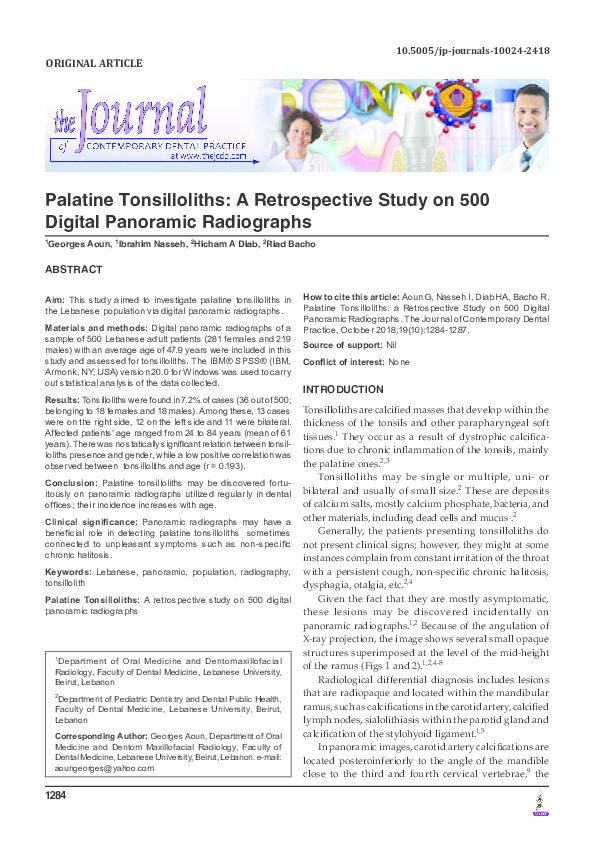 (PDF) Palatine Tonsilloliths A Retrospective Study on 500 Digital ...