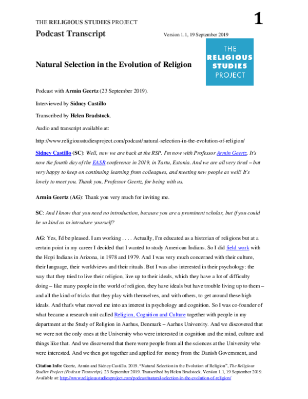 (PDF) Natural Selection In the Evolution of Religion. Podcast interview ...