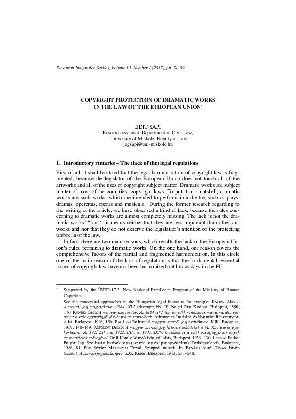 (PDF) Copyright Protection of dramatic works in the law of the European ...