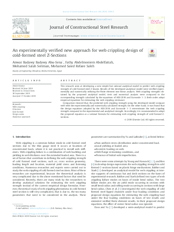 (PDF) An experimentally verified new approach for web crippling design ...