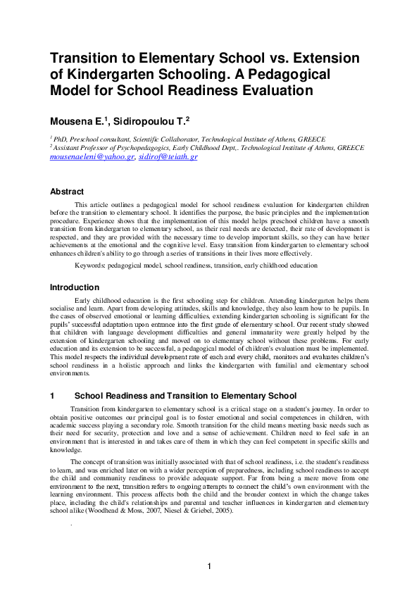 (PDF) Transition to Elementary School vs. Extension of Kindergarten ...