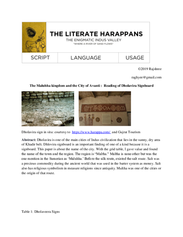 The Maluhha kingdom and the City of Avanti : Reading of Dholavira Signboard