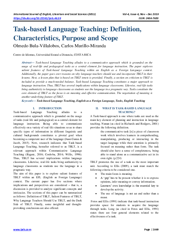 (PDF) Task-based Language Teaching: Definition, Characteristics, Purpose and Scope
