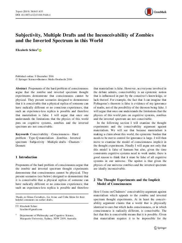 (PDF) Subjectivity, Multiple Drafts and the Inconceivability of Zombies ...