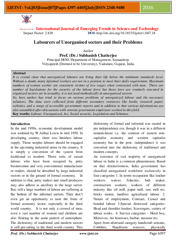 (PDF) Labourers of Unorganised sectors and their Problems