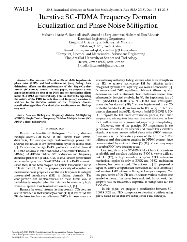 Pdf Iterative Sc Fdma Frequency Domain Equalization And Phase Noise