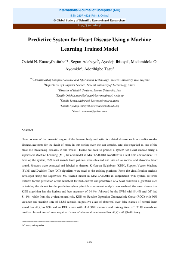 (PDF) Predictive System for Heart Disease Using a Machine Learning Trained Model