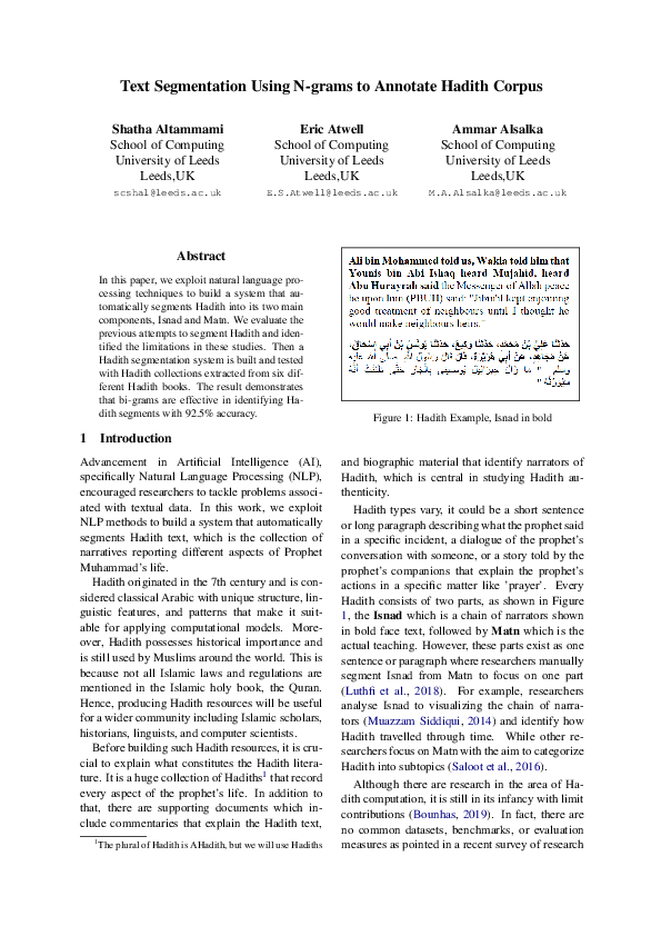 (PDF) TEXT SEGMENTATION USING N-GRAMS TO ANNOTATE HADITH CORPUS PRESENTATION OUTLINE