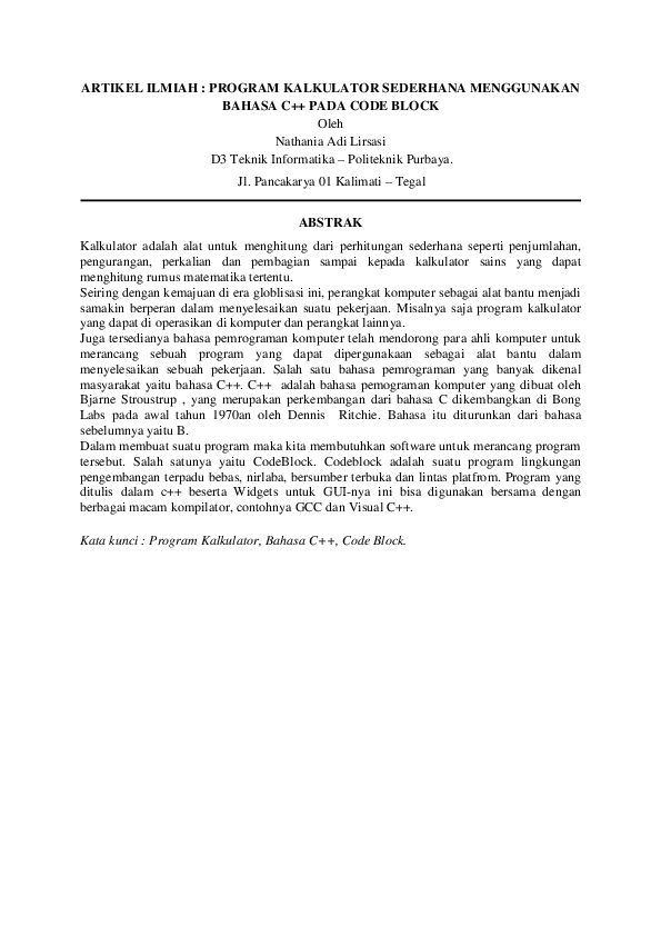 (PDF) ARTIKEL ILMIAH : PROGRAM KALKULATOR SEDERHANA MENGGUNAKAN BAHASA ...