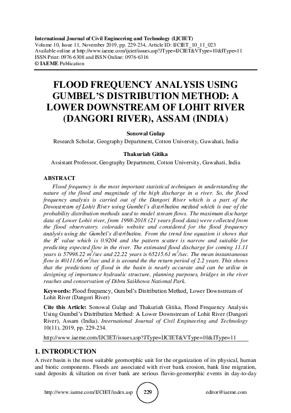 Pdf Flood Frequency Analysis Using Gumbels Distribution Method A Lower Downstream Of Lohit