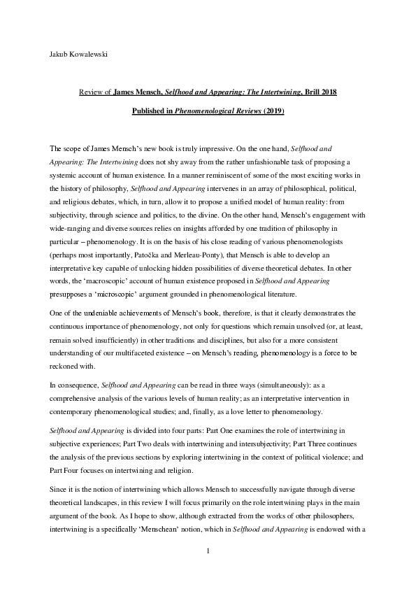 (DOC) Review of James Mensch Selfhood and Appearing: The Intertwining