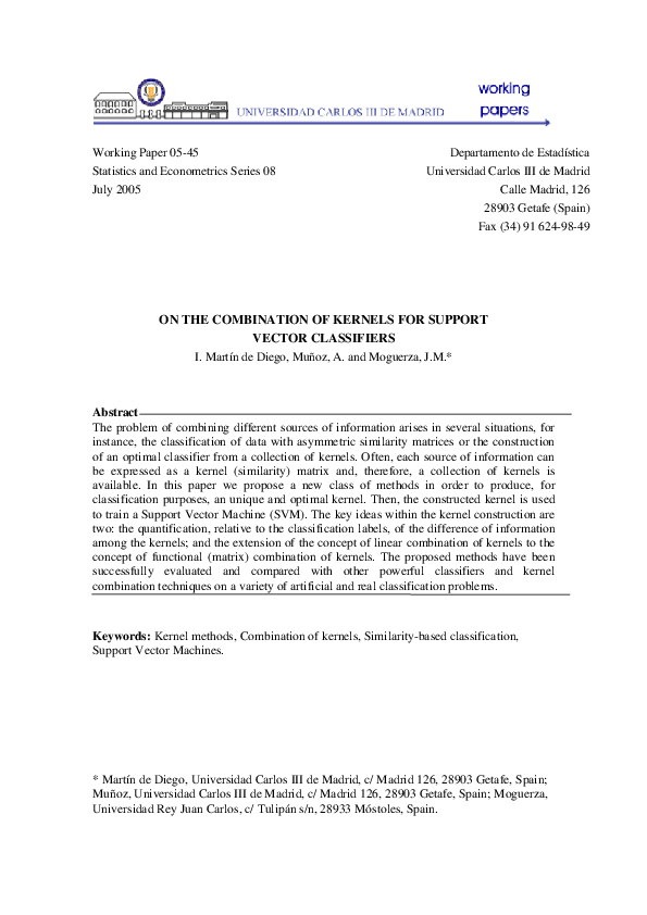 Pdf On The Combination Of Kernels For Support Vector Classifiers