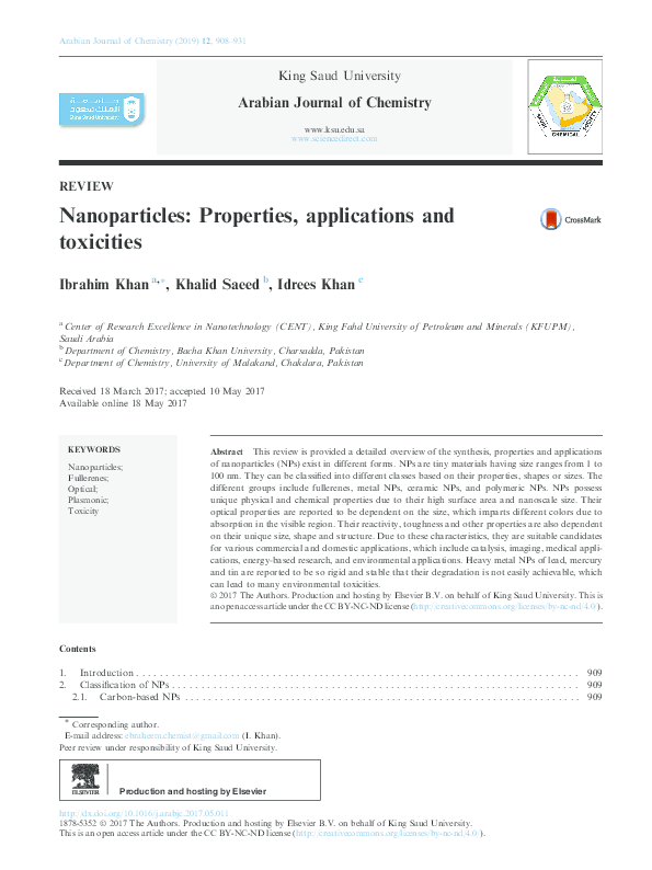 (PDF) Nanoparticles: Properties, applications and toxicities
