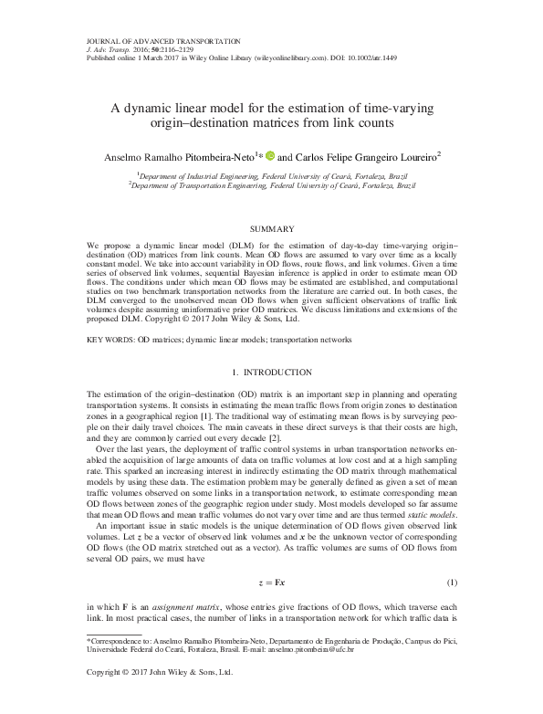 Pdf A Dynamic Linear Model For The Estimation Of Time Varying Origin Destination Matrices From