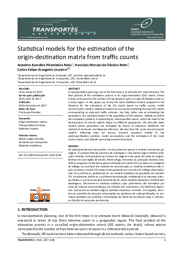 Pdf Statistical Models For The Estimation Of The Origin Destination
