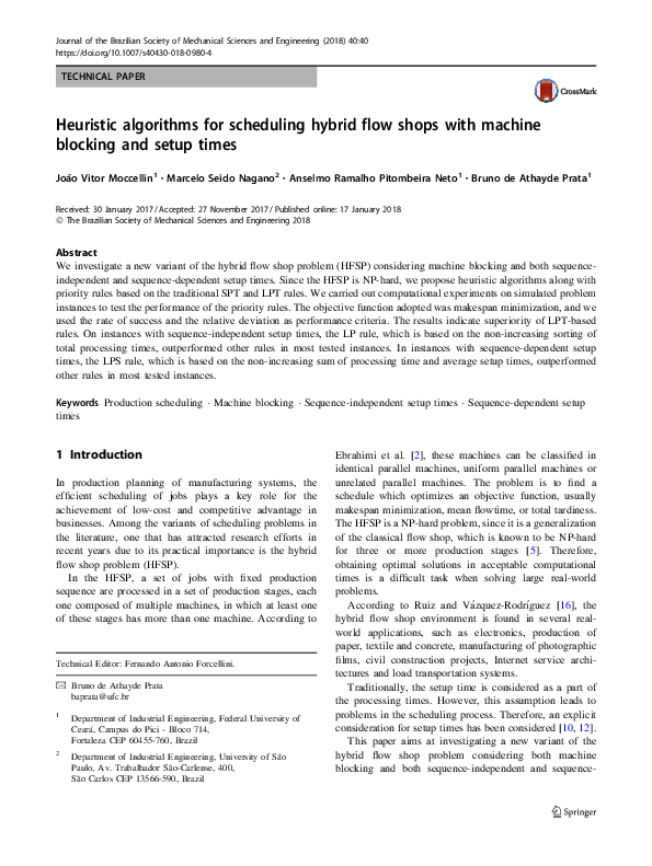 (PDF) Heuristic algorithms for scheduling hybrid flow shops with machine blocking and setup times