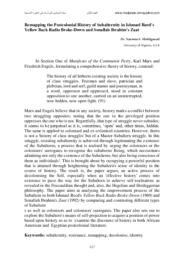 (PDF) Remapping the Postcolonial History of Subalternity in Ishmael ...