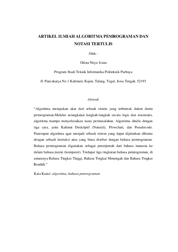 (DOC) ARTIKEL ILMIAH ALGORITMA PEMROGRAMAN DAN NOTASI TERTULIS