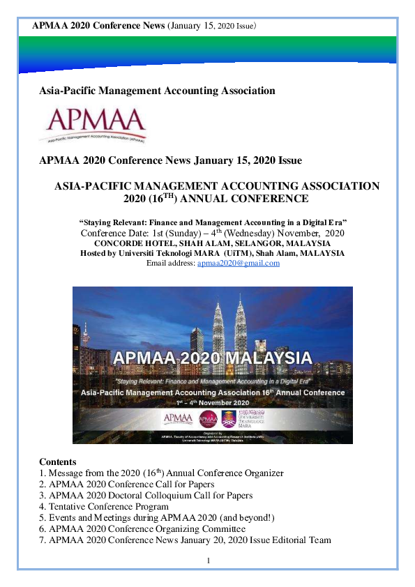 (PDF) APMAA 2020 Conference News January 15, 2020 Issue (UiTM, Malaysia)