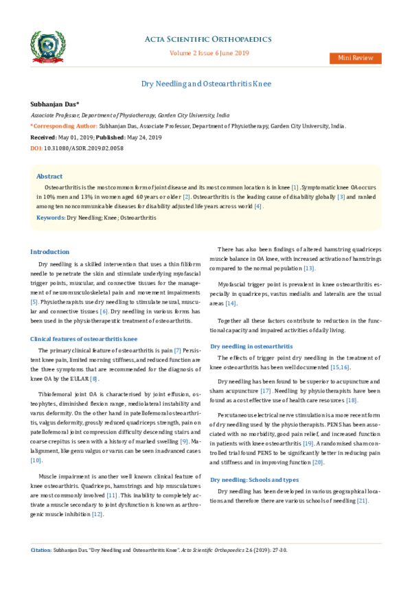 (PDF) Acta Scientific Orthopaedics Dry Needling and Osteoarthritis Knee