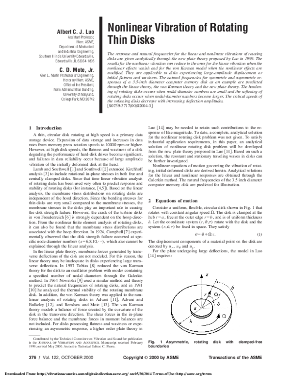 Pdf Nonlinear Vibration Of Rotating Thin Disks