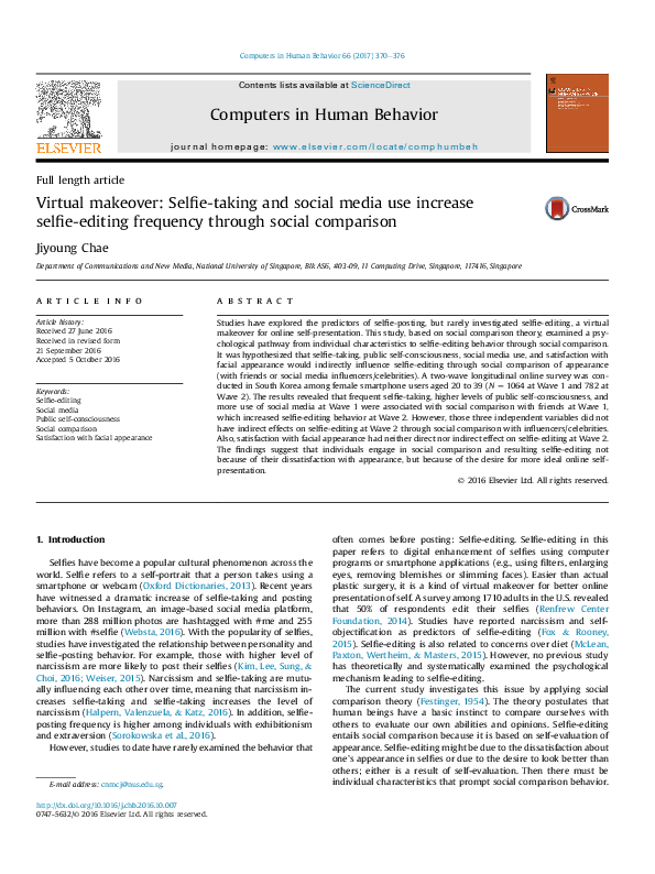 (PDF) Virtual makeover: Selfie-taking and social media use increase ...