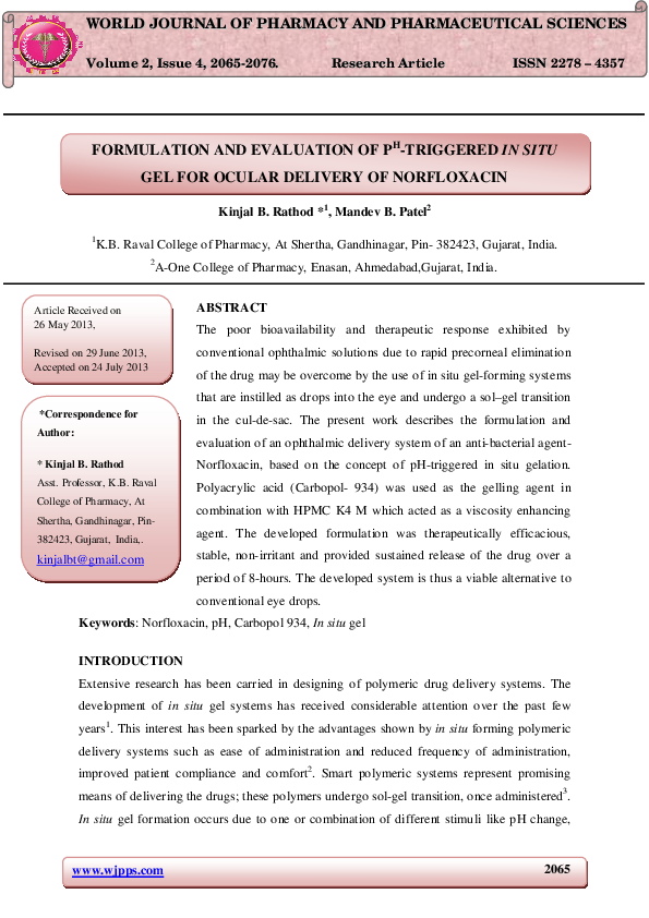 Pdf Formulation And Evaluation Of P H Triggered In Situ Gel For Ocular Delivery Of Norfloxacin