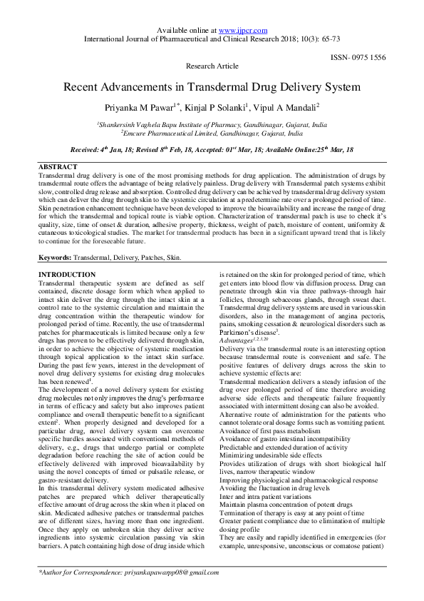 (PDF) Recent Advancements in Transdermal Drug Delivery System