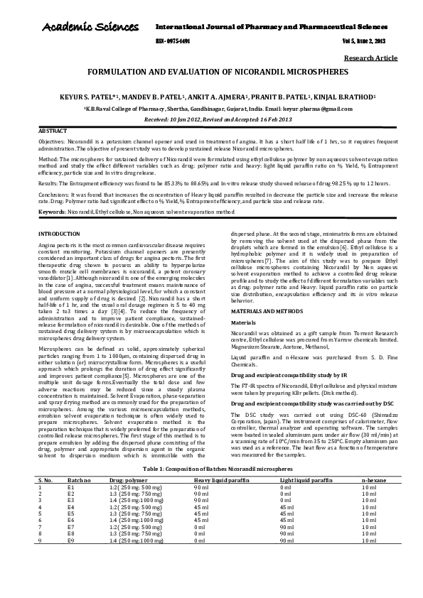Pdf Formulation And Evaluation Of Nicorandil Microspheres
