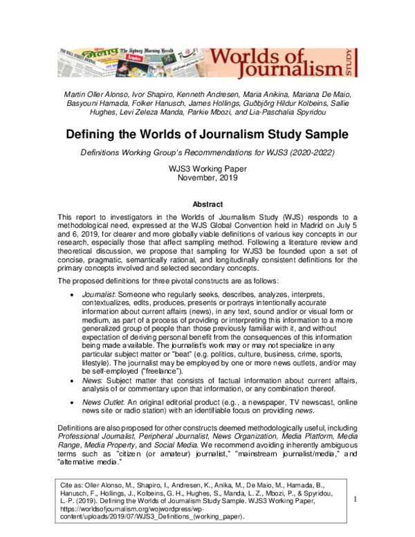 (PDF) Defining the Worlds of Journalism Study Sample