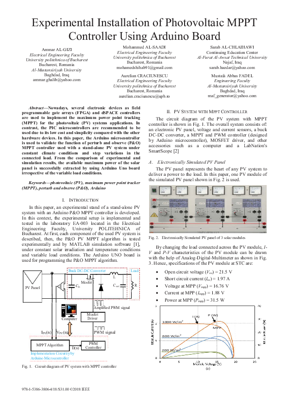 Pdf Experimental Installation Of Photovoltaic Mppt Controller Using Arduino Board