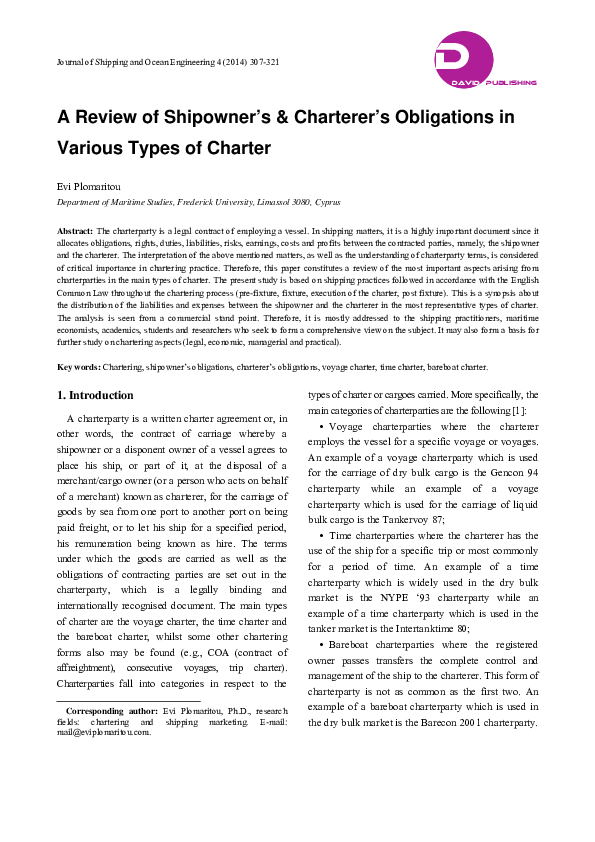 (PDF) A Review of Shipowner's & Charterer's Obligations in Various ...