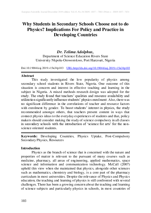 (PDF) Why Students in Secondary Schools Choose not to do Physics ...