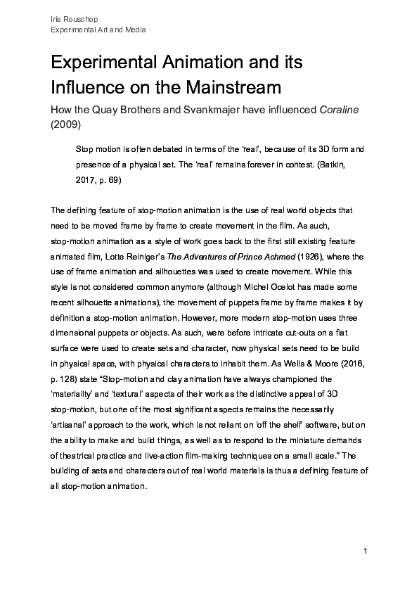 (PDF) Experimental Animation and its Influence on the Mainstream
