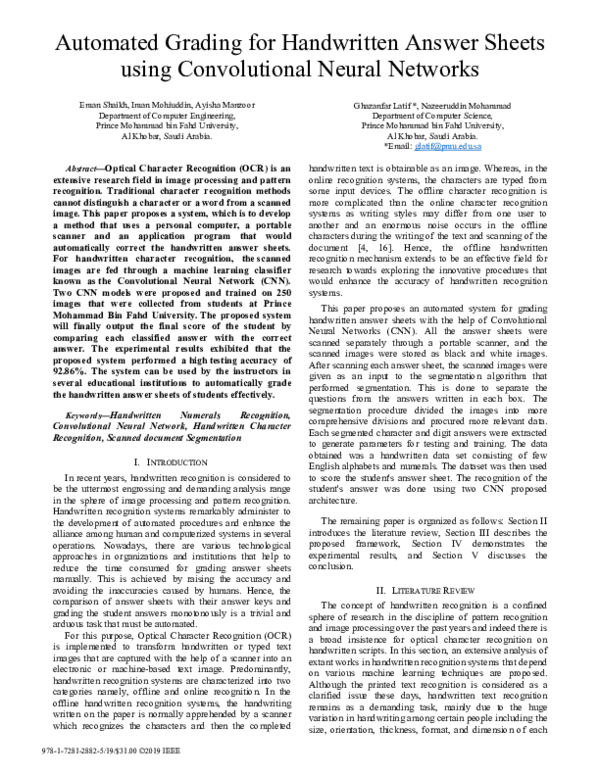 (PDF) Automated Grading for Handwritten Answersheets using CNN