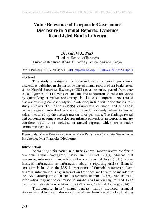 (PDF) Value Relevance of Corporate Governance Disclosure in Annual Reports: Evidence from Listed ...
