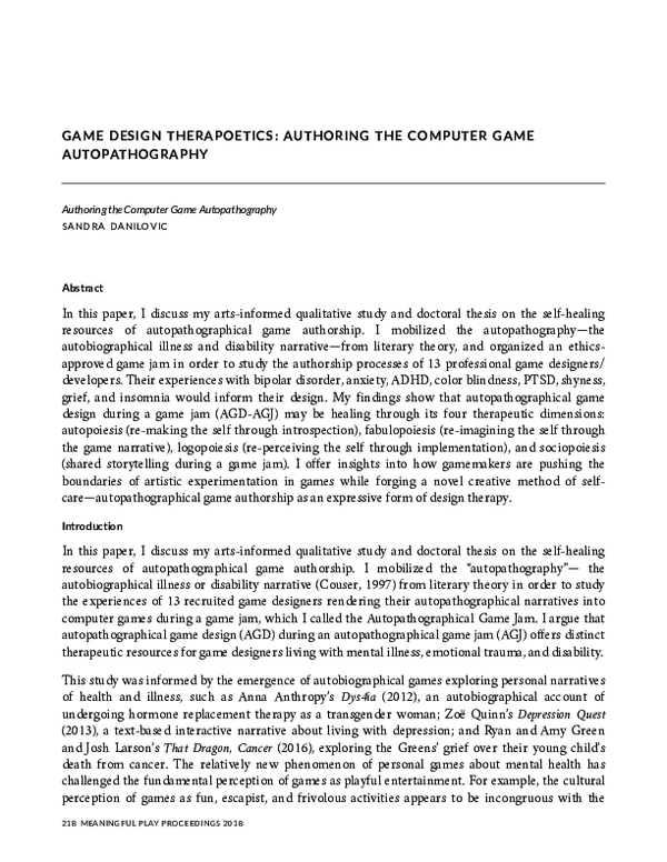 (PDF) Game Design Therapoetics: Authoring the Computer Game Autopathography